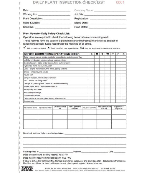 PLANT DAILY CHECKLIST BOOK – All Trades Safety & Workwear Supplies
