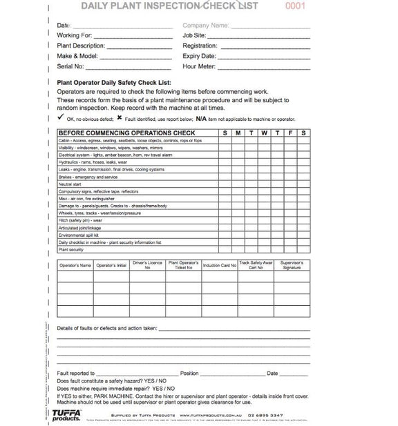 PLANT DAILY CHECKLIST BOOK – All Trades Safety & Workwear Supplies