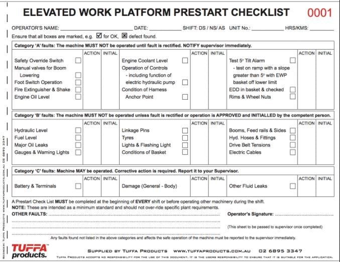 EWP ELEVATED WORK PLATFORM DB07 PRE START CHECKLIST BOOK – All Trades Safety & Workwear Supplies